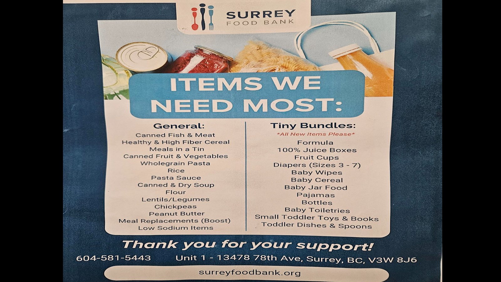 Donations for the Surrey Food Bank - Dec. 8-12